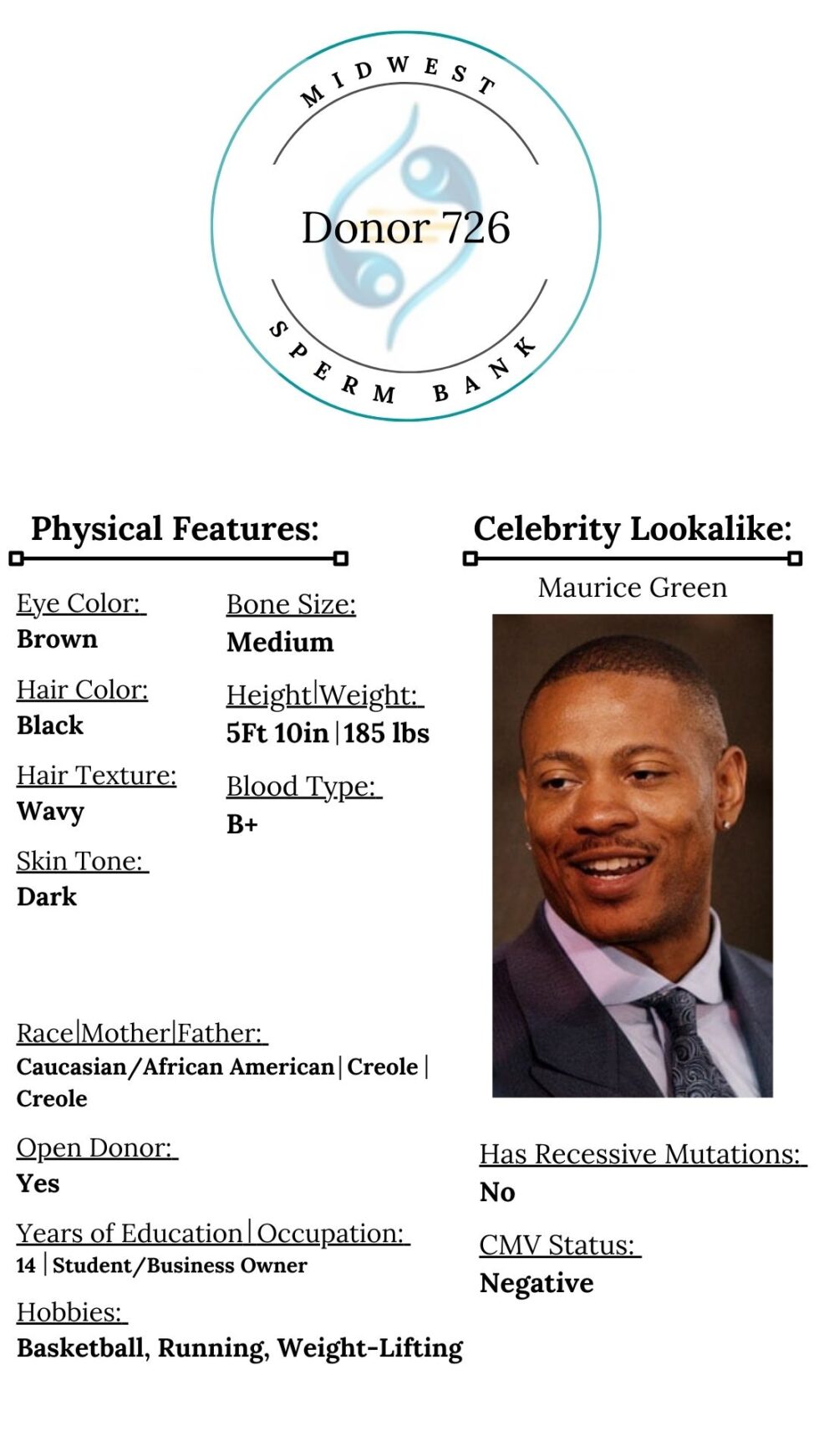 Donor 726 Lookalike Maurice Green - Midwest Sperm Bank